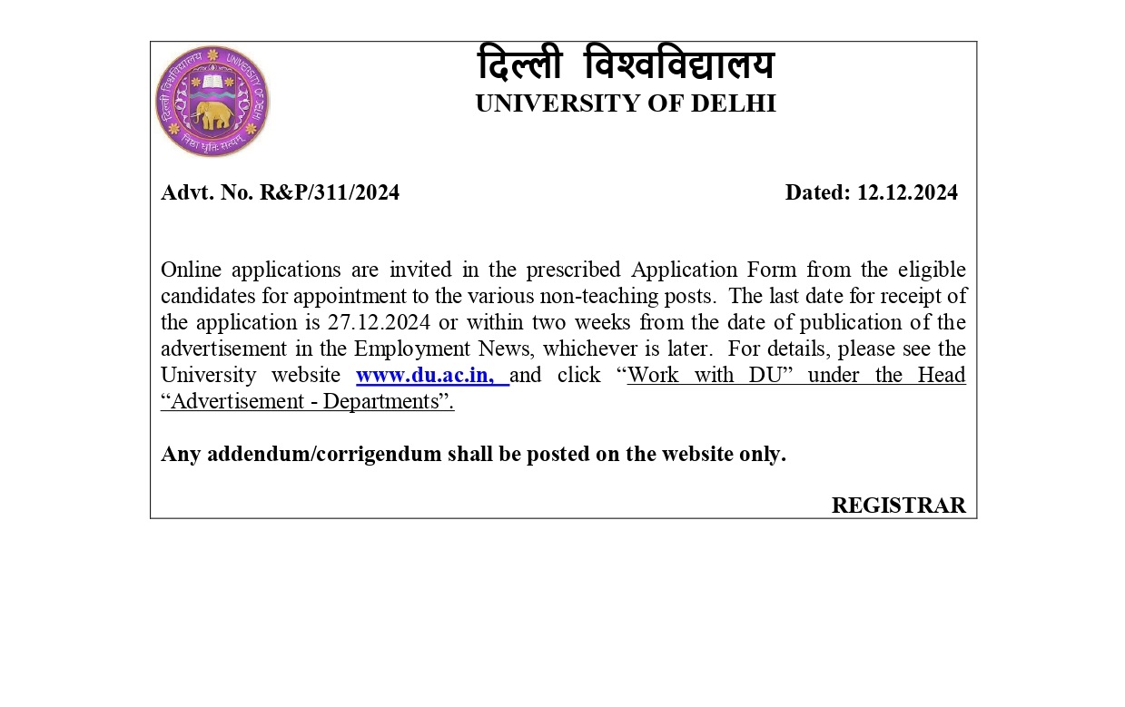 DU Non-Teaching Post Recruitment Online Form 2025 (137 Post) | Apply @ du.ac.in